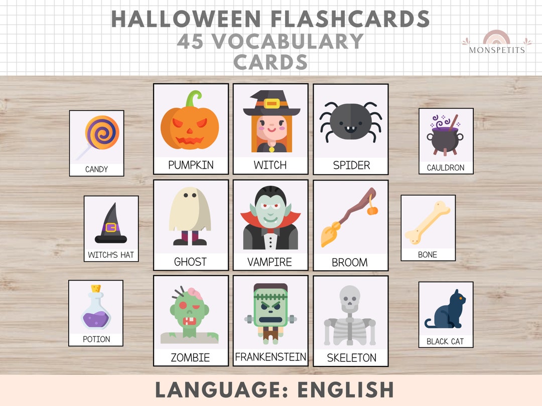 45 Halloween Flashcards, Kids Vocabulary, Drawings, Printable, English ...