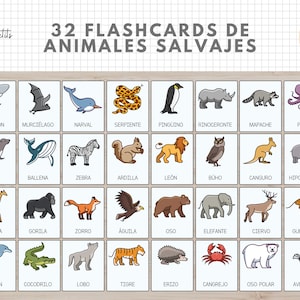 32 Flashcards Animales De Salvajes Castellano / Español - Vocabulario ...