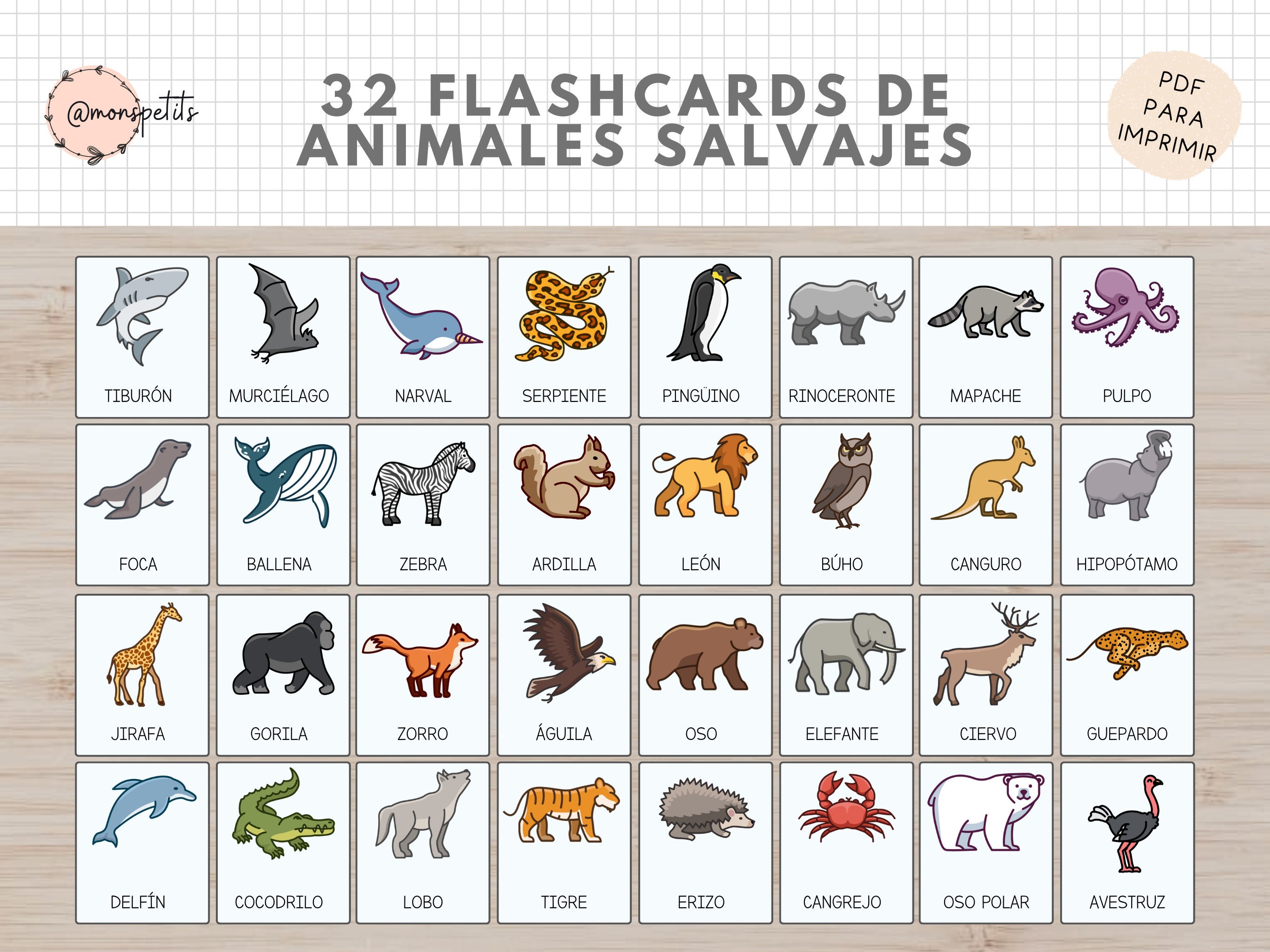 32 Flashcards Animales De Salvajes Castellano / Español Vocabulario ...