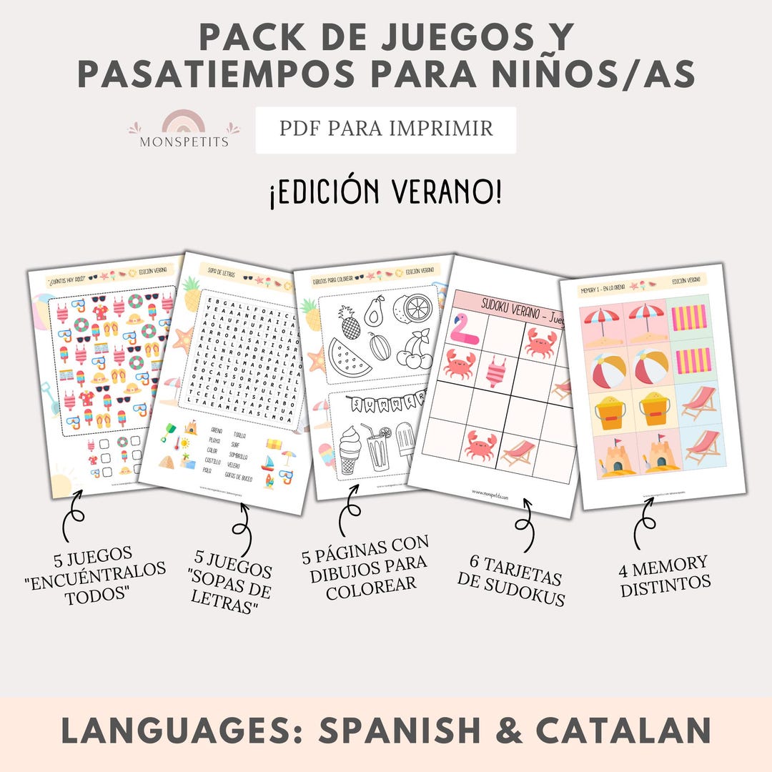 Pack Juegos Y Pasatiempos Verano Para Niños, Imprimible, Español ...