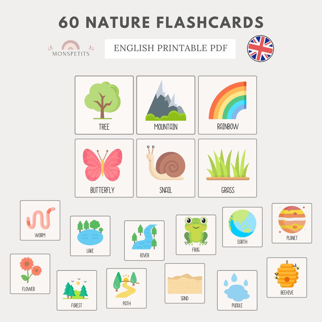 60 Nature Flashcards English, Children's Vocabulary, Spring, Printable ...