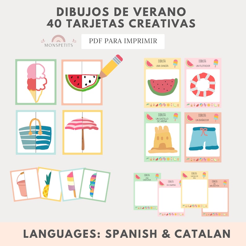 40 Tarjetas Creativas Verano, Juego Pictionary Imprimible, Dibujos ...