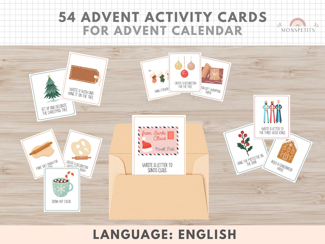 54 Advent Calendar Activity Cards, Printable Family Activities, English ...