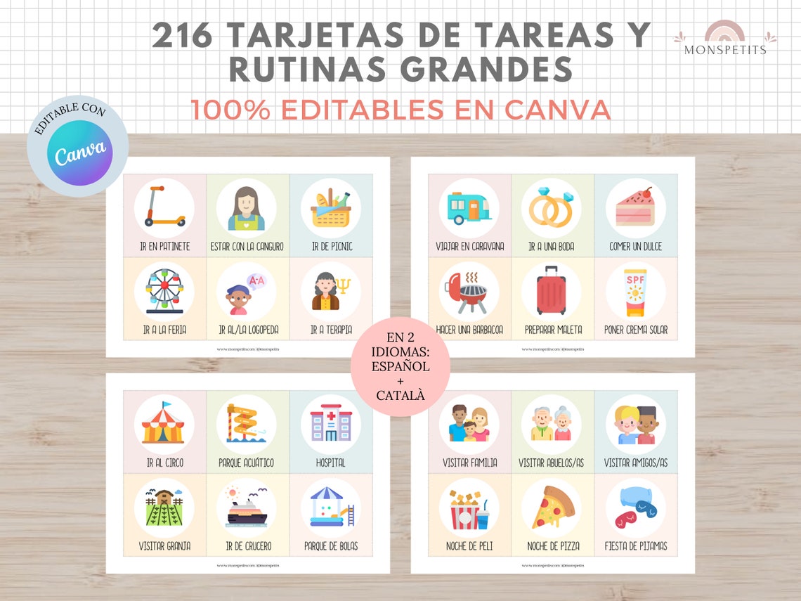 216 Tarjetas De Rutinas Grandes Para Niños, EDITABLE En Canva, Español ...