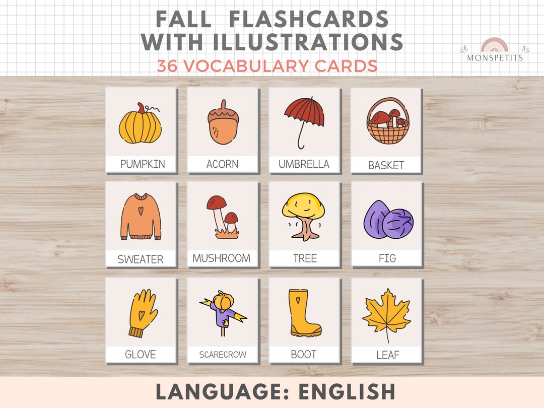 36 Fall Vocabulary Flashcards, Drawings, Printable for Kids, English ...