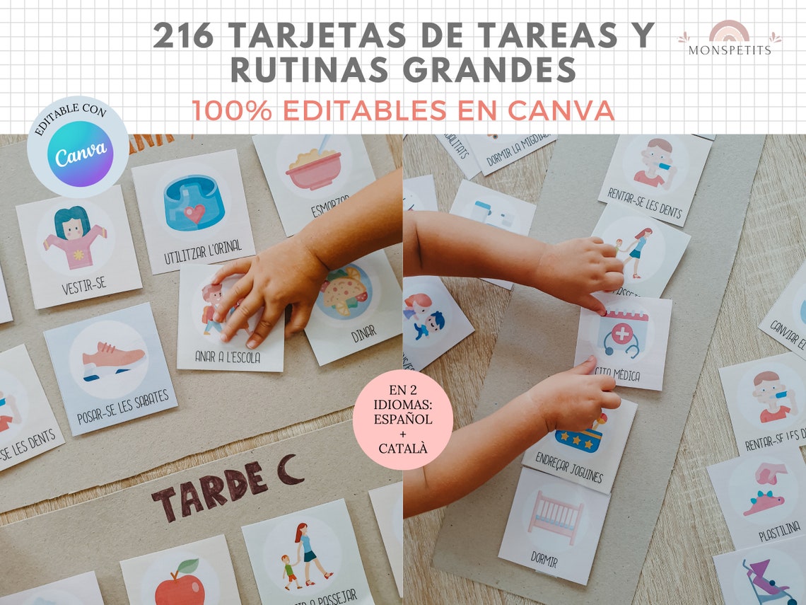 216 tarjetas de Rutinas Grandes para Niños, EDITABLE en Canva, Español ...