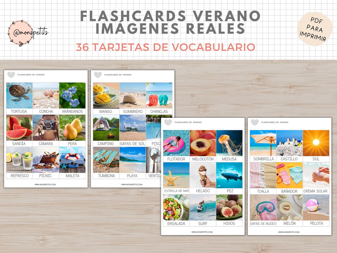 36 Flashcards Vocabulario Verano Imágenes Reales Imprimible - Etsy