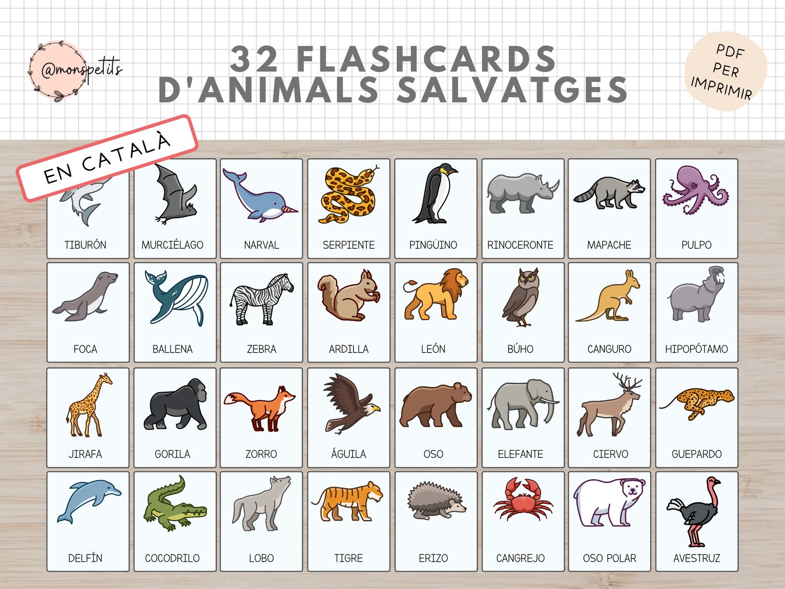 32 Flashcards Animals Salvatges Català Vocabulari Imprimible Educatiu ...