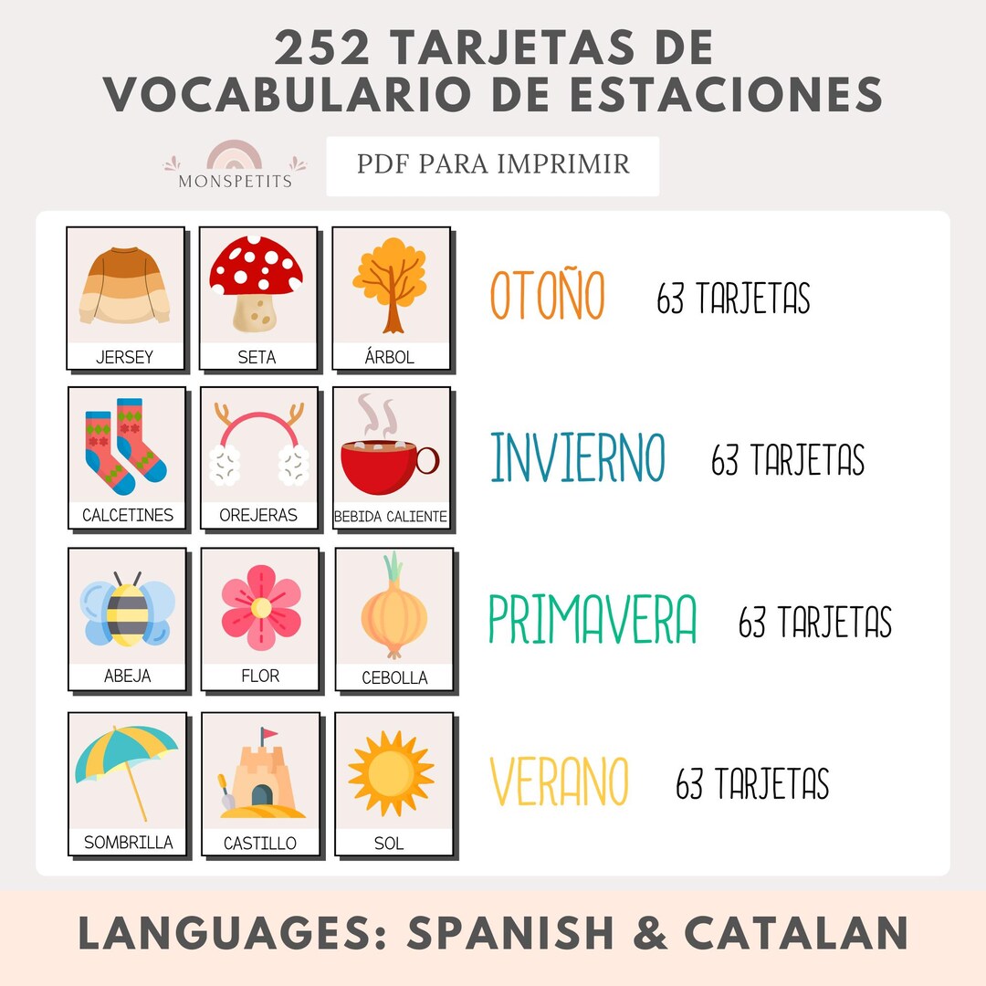252 Flashcards Vocabulario Estaciones, PDF Imprimible Digital ...