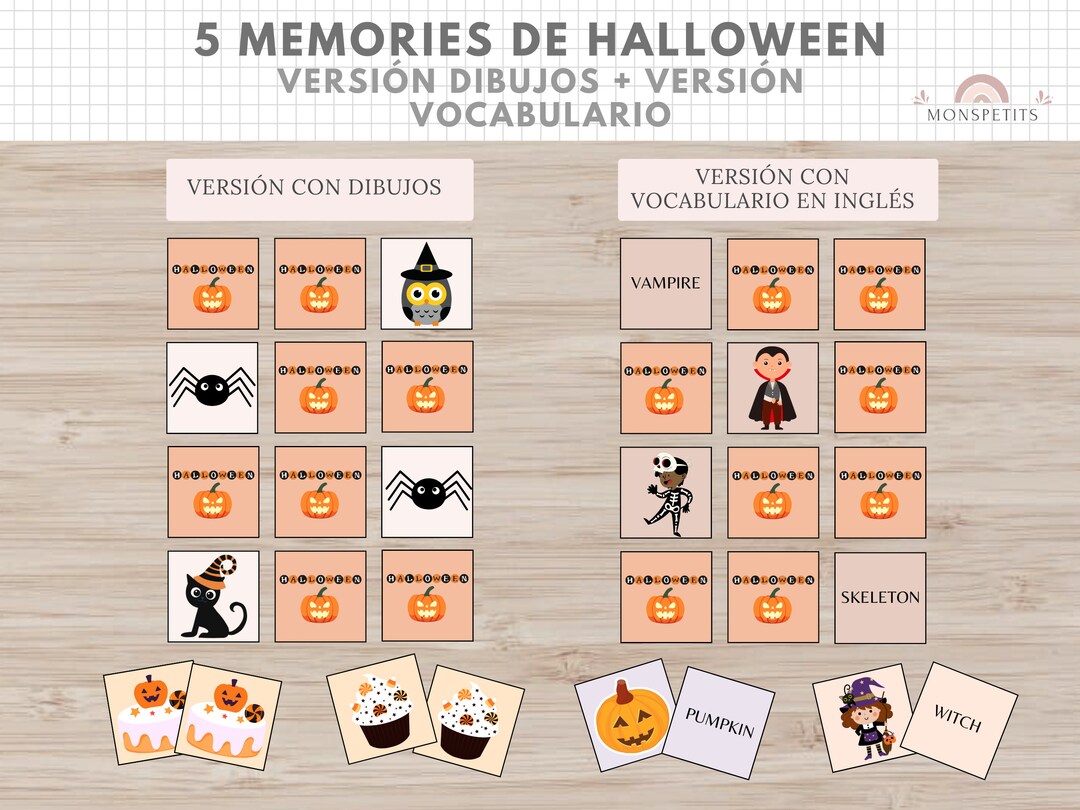 5 Memories Halloween, Juego, Memory, Vocabulario Niños, Imprimible ...