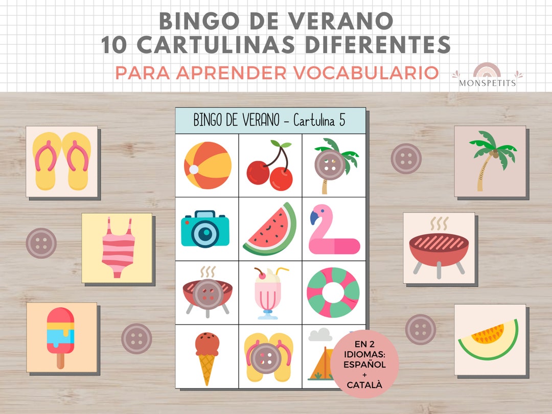 Bingo Temática Verano, Juego, Vocabulario Niños, Imprimible, Español ...