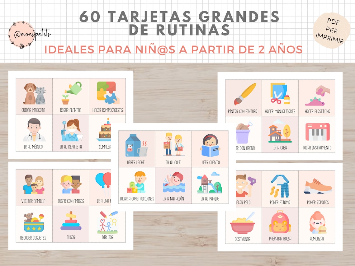 60 tarjetas grandes visuales, Rutinas Niños, Organización, Español i ...