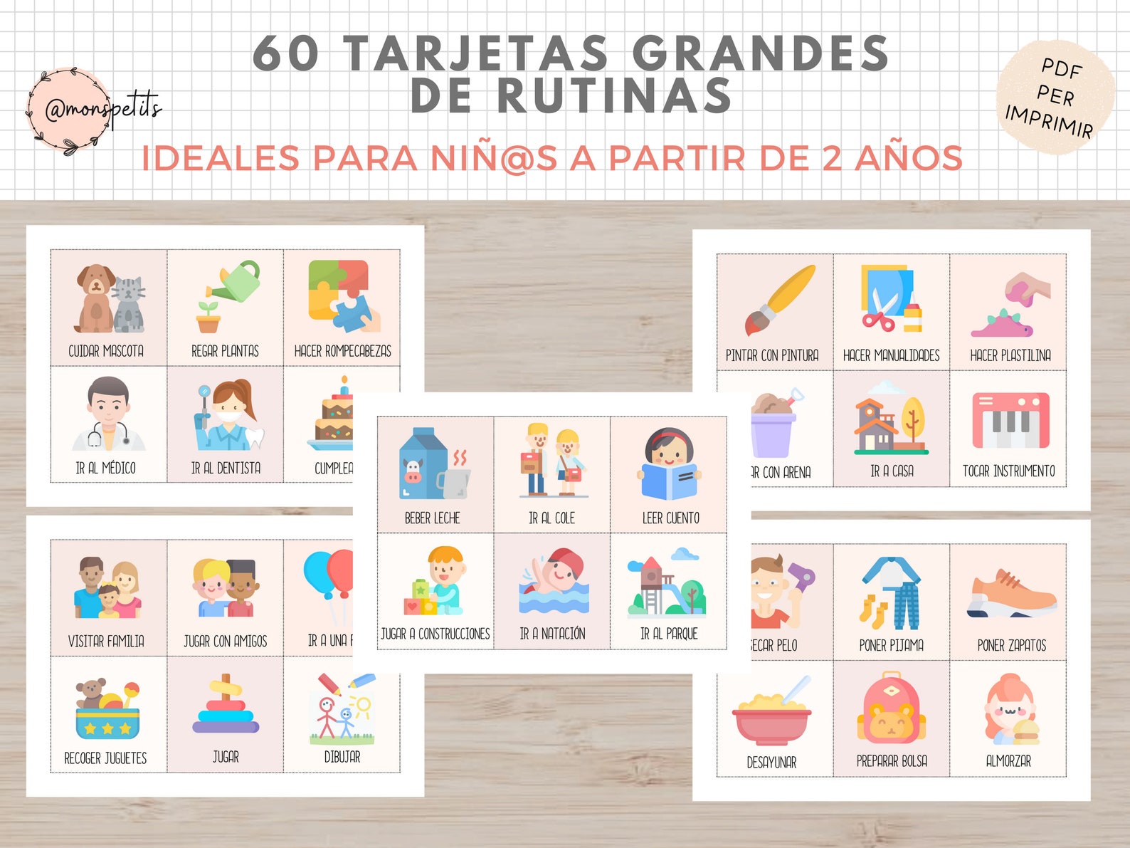 60 tarjetas grandes visuales, Rutinas Niños, Organización, Español i ...