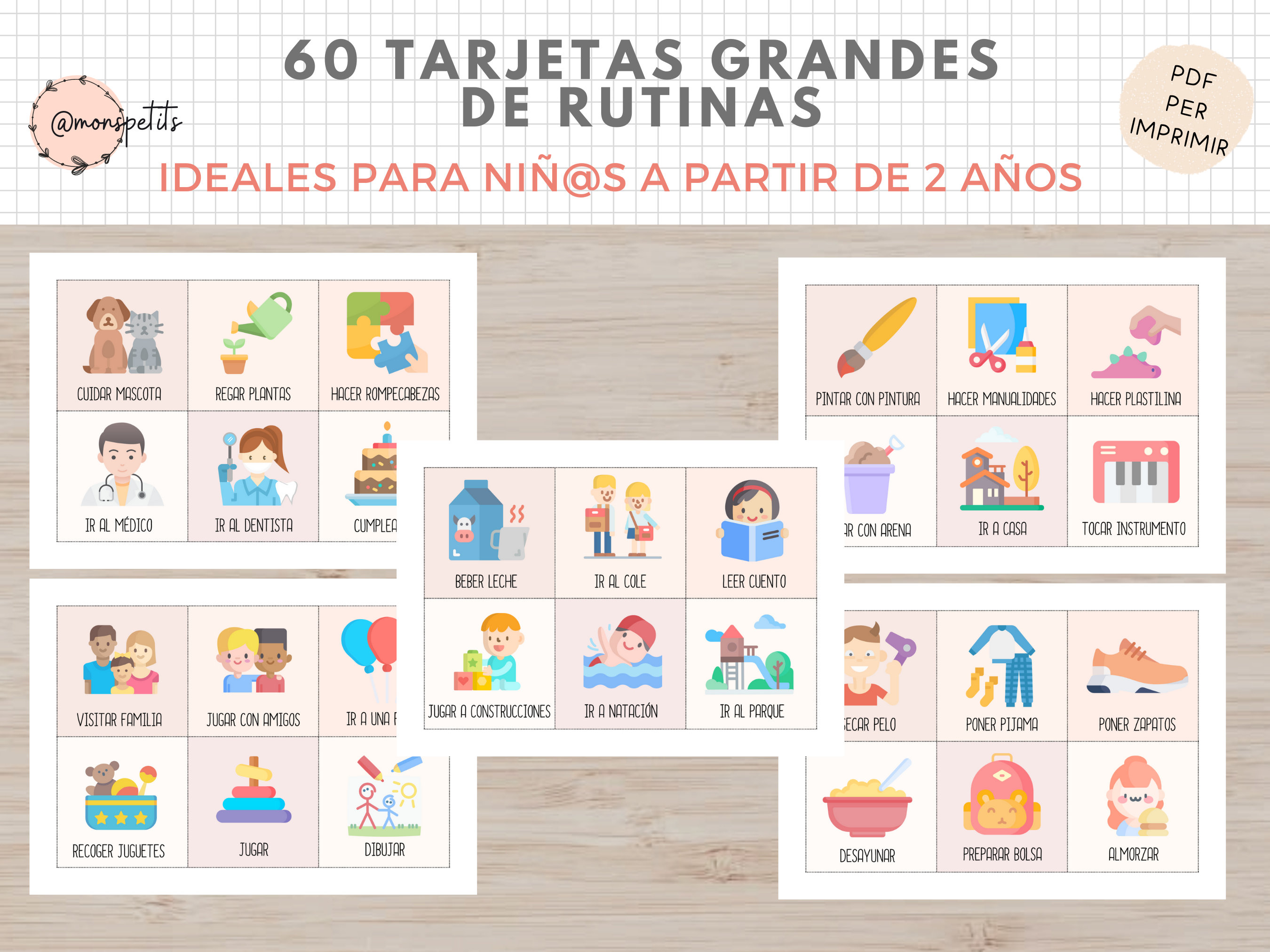 60 tarjetas grandes visuales, Rutinas Niños, Organización, Español i Català, Imprimible ...