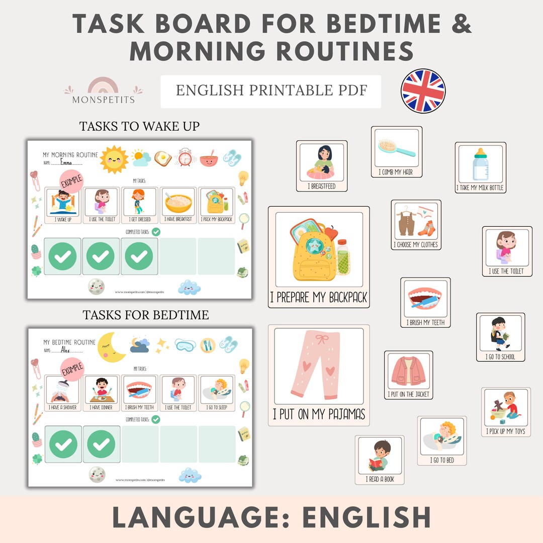 Task Board for Bedtime & Morning Routines, Chore Chart, Printable ...