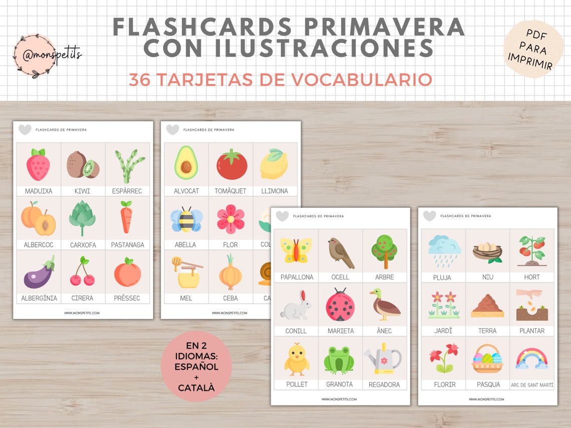 36 Flashcards Vocabulario Primavera, Dibujos, Imprimible Niños, Español ...