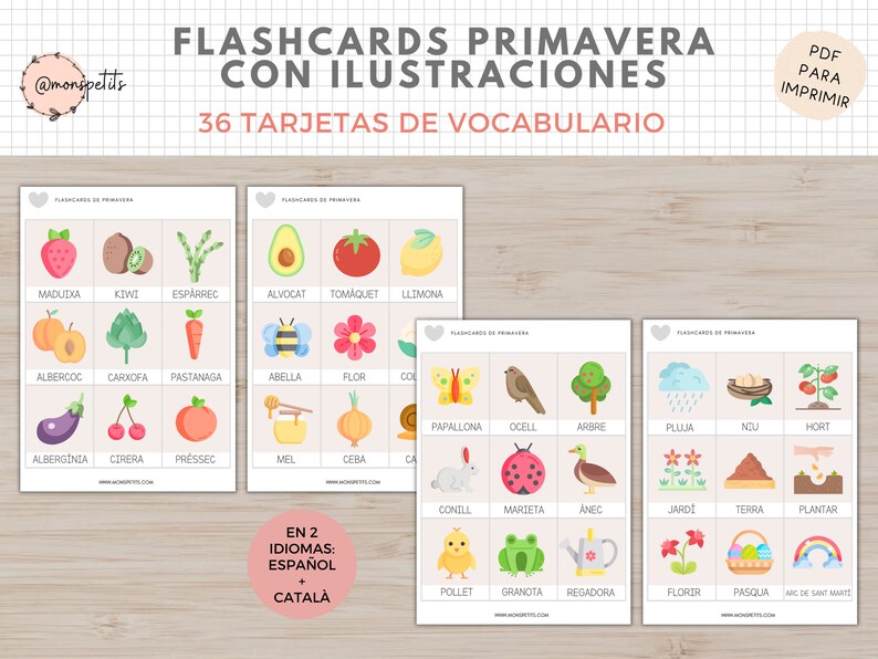 36 Flashcards Vocabulario Primavera, Dibujos, Imprimible Niños, Español ...