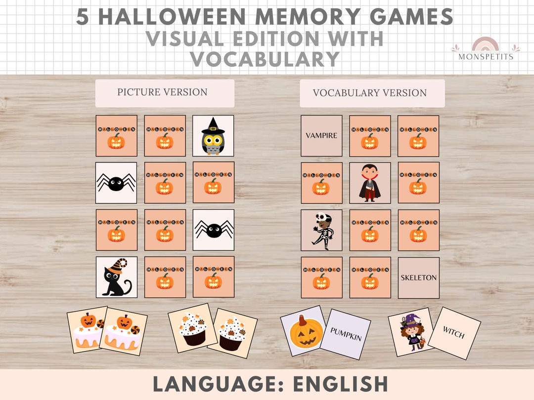 5 Halloween Memory Games, Vocabulary for Kids, Printable, English ...
