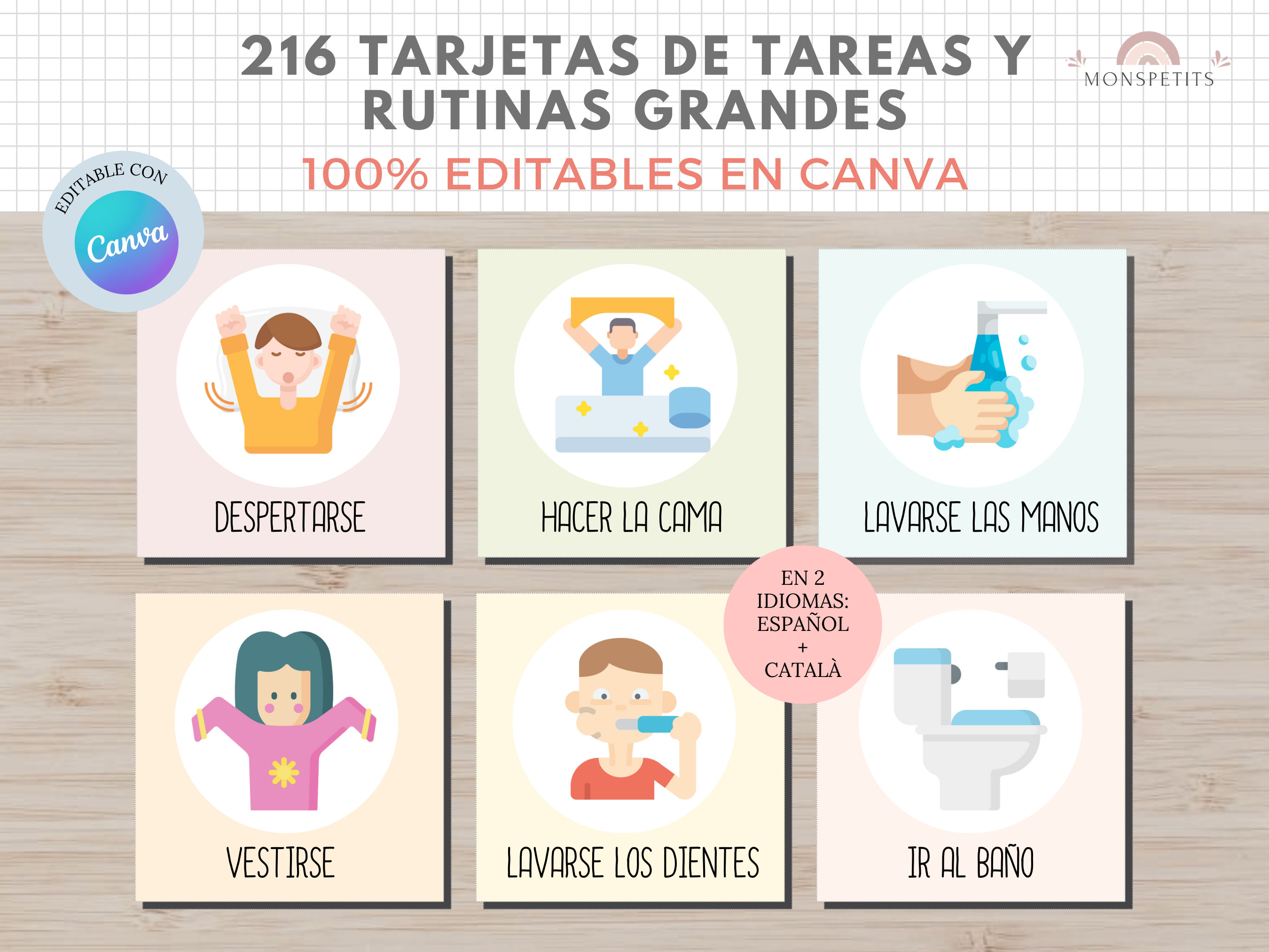 216 tarjetas de Rutinas Grandes para Niños, EDITABLE en Canva, Español ...