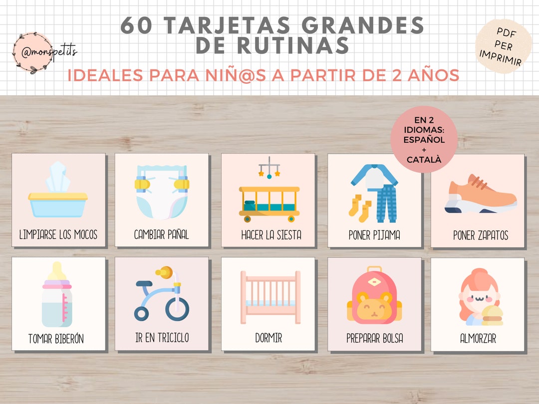 60 tarjetas grandes visuales, Rutinas Niños, Organización, Español i ...