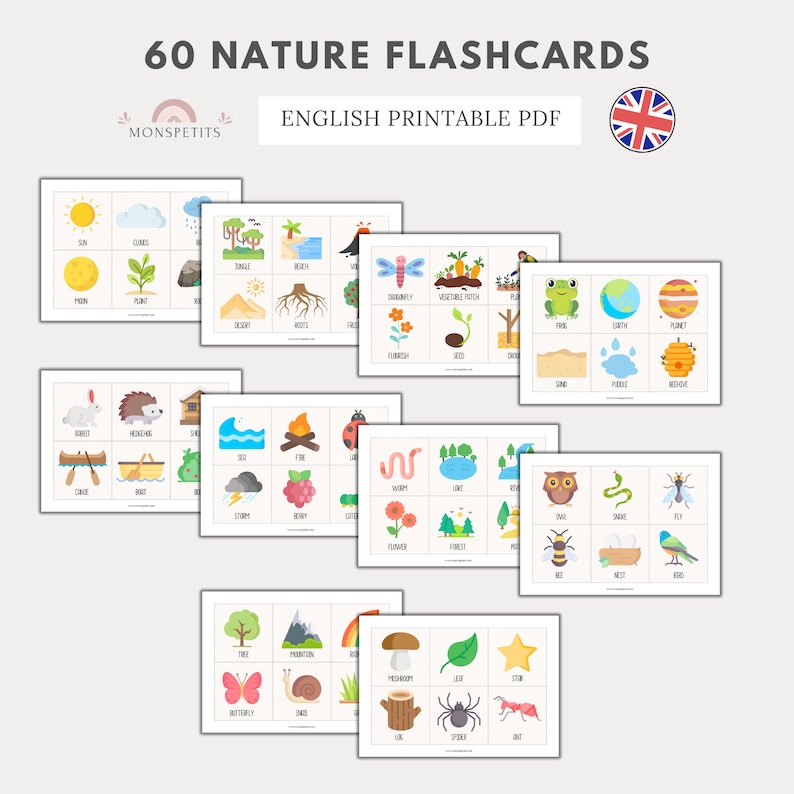 60 Nature Flashcards English, Children's Vocabulary, Spring, Printable ...