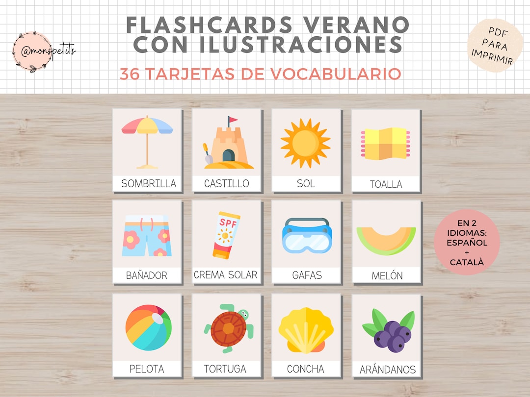 36 Flashcards Vocabulario Verano, Dibujos, Imprimible Niños Español I ...