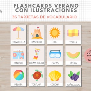 36 Flashcards Vocabulario Verano, Dibujos, Imprimible Niños Español I ...