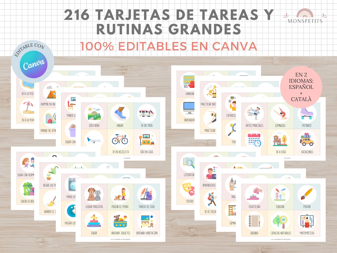 216 tarjetas de Rutinas Grandes para Niños, EDITABLE en Canva, Español ...