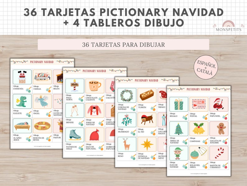 36 Tarjetas Pictionary Navidad, 4 Tableros para Pintar, Juego Navidad ...