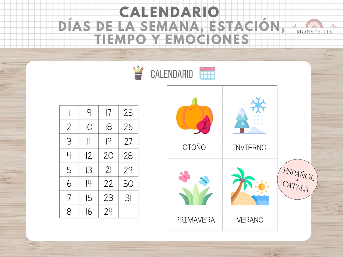 Calendario Días Semana, Estación, Tiempo, Emociones, Organización Niños ...