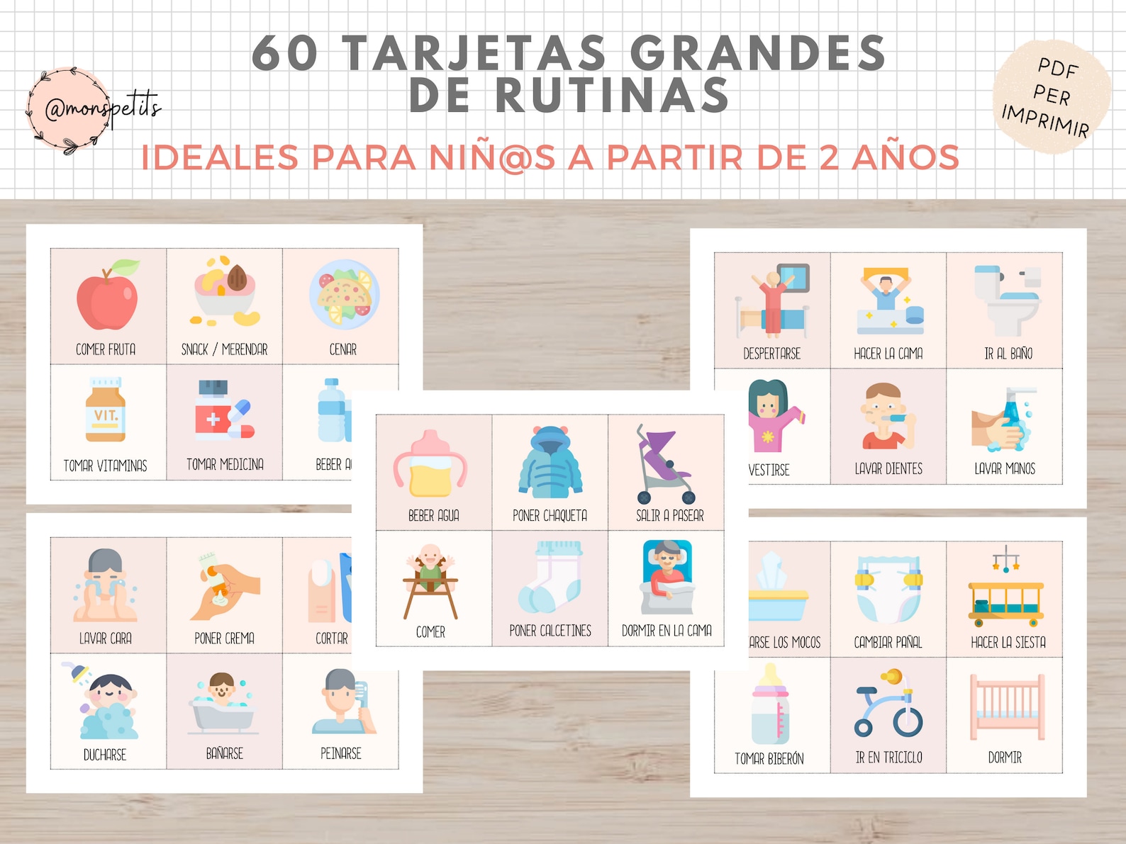 60 tarjetas grandes visuales, Rutinas Niños, Organización, Español i Català, Imprimible ...