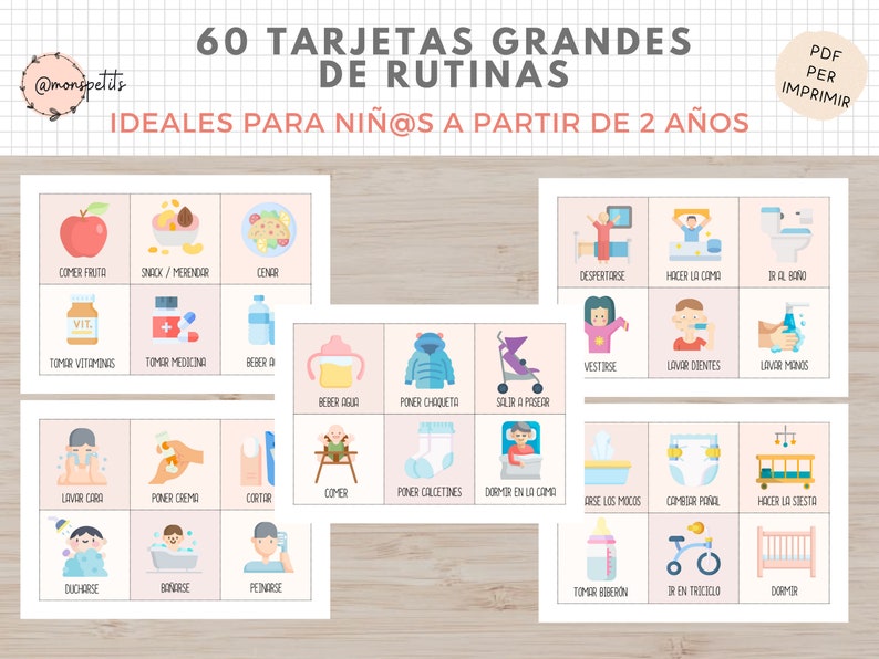 60 tarjetas grandes visuales, Rutinas Niños, Organización, Español i ...