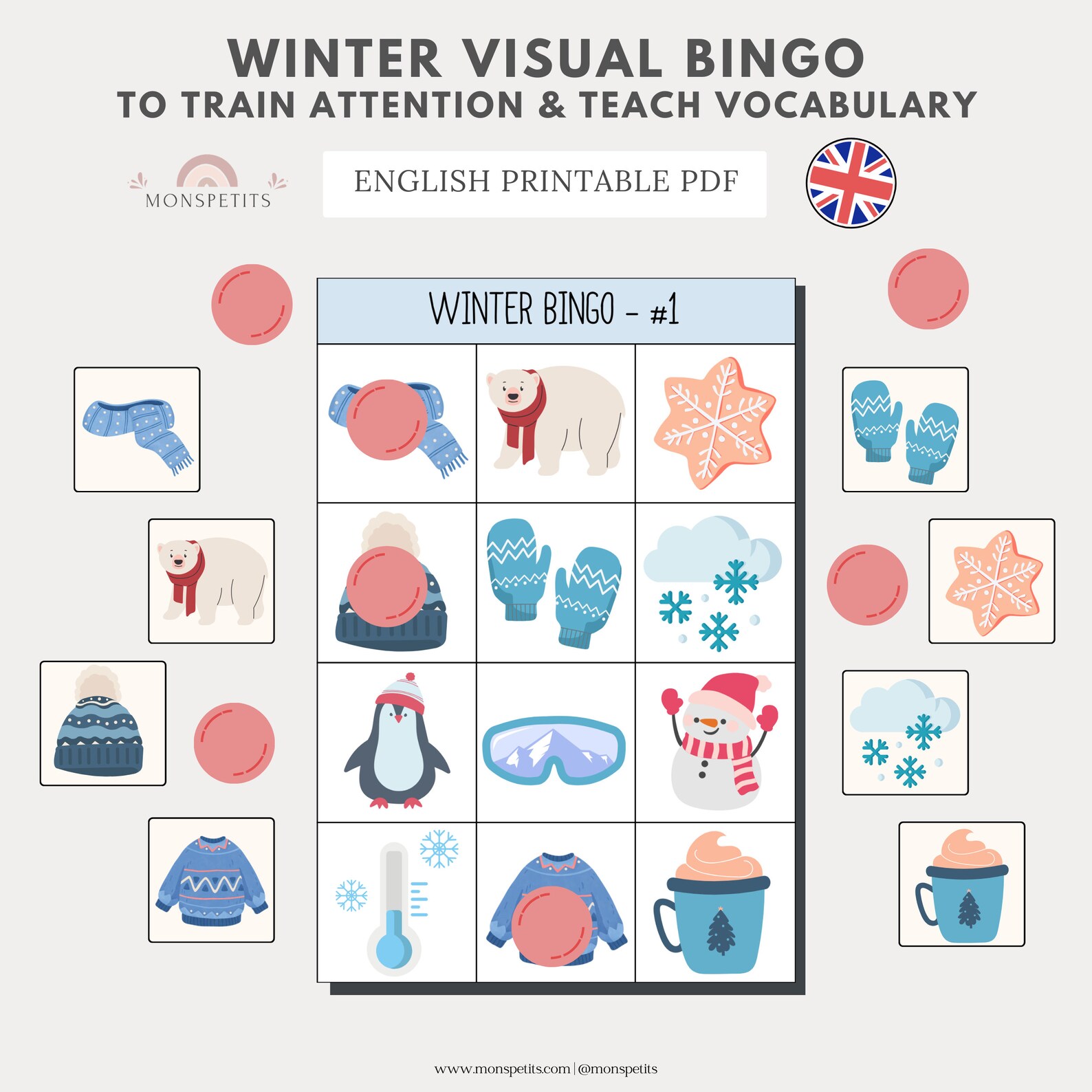 Winter Themed Visual Bingo, Game, Children's Vocabulary, Printable ...