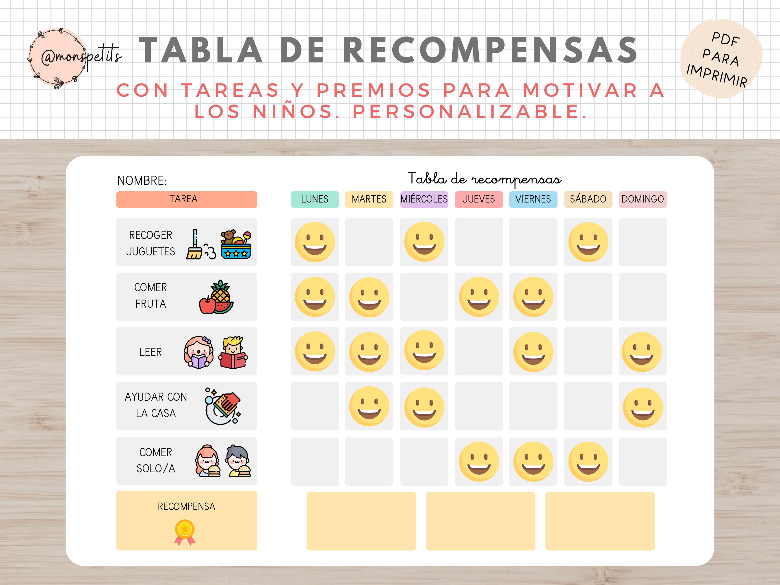 Tabla de Recompensas, Hábitos Rutinas Niños, Español, Català, Descarga ...