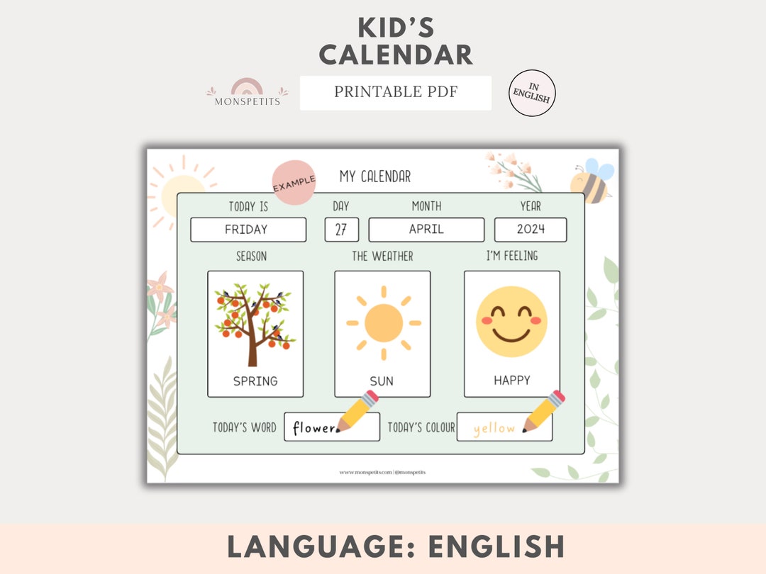 Printable Kids' Calendar, Seasons, Weather, Emotions, Morning Routines ...