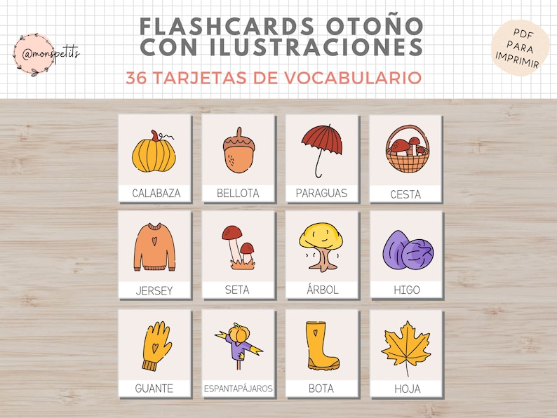 36 Flashcards Vocabulario Otoño Dibujos Imprimible Niños - Etsy