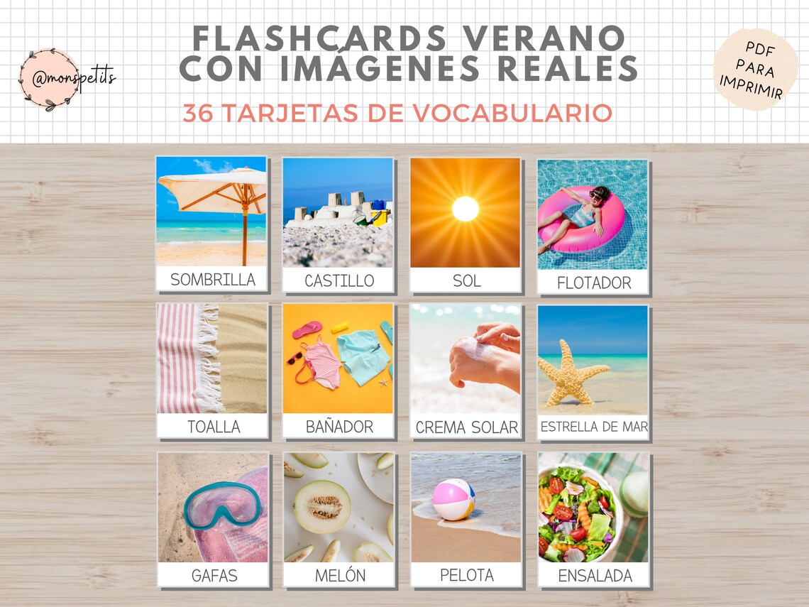 36 Flashcards Vocabulario Verano Imágenes Reales Imprimible - Etsy