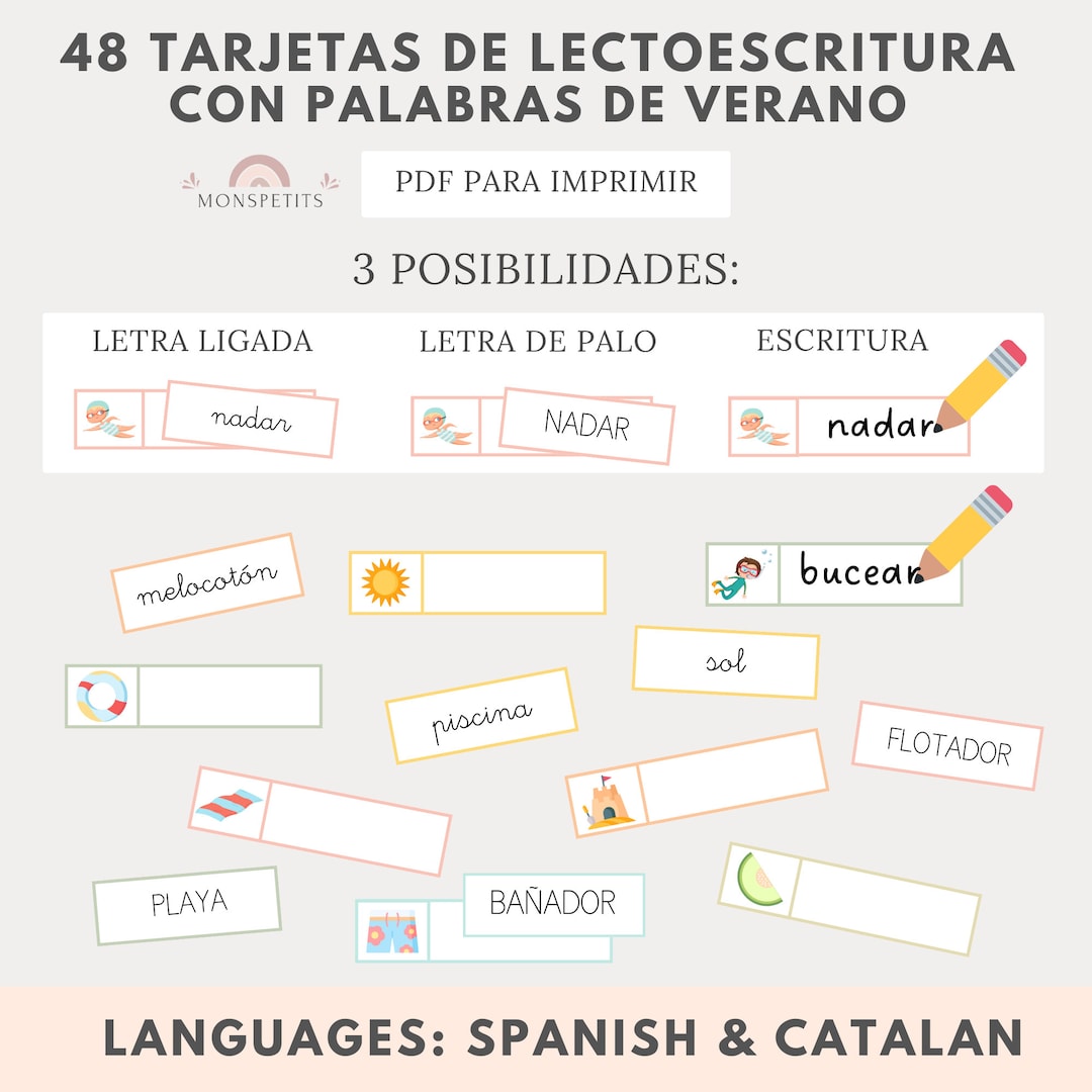 48 Tarjetas Lectoescritura Verano, Juego Vocabulario Imprimible, Niños ...