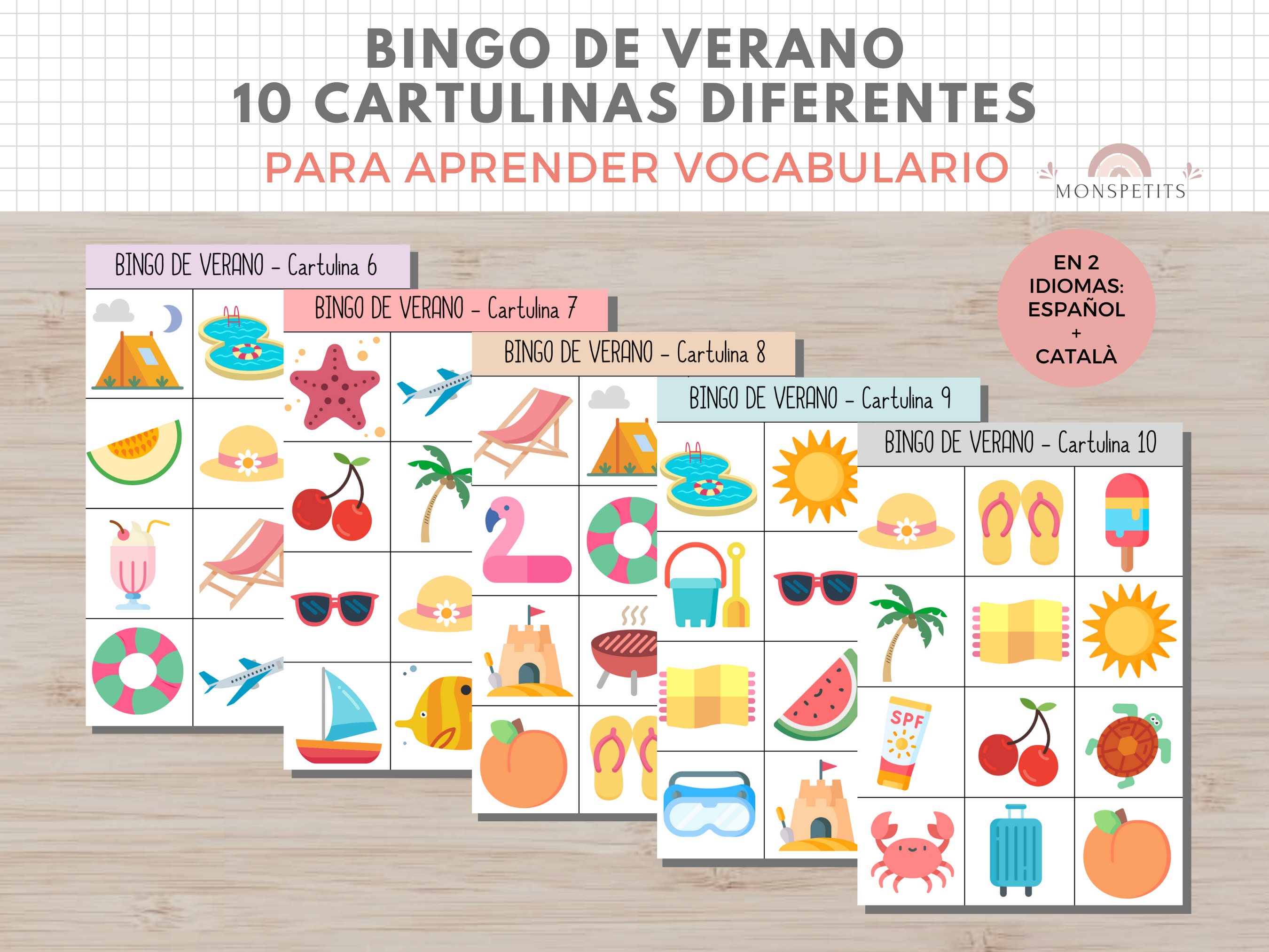 Bingo Temática Verano, Juego, Vocabulario Niños, Imprimible, Español ...