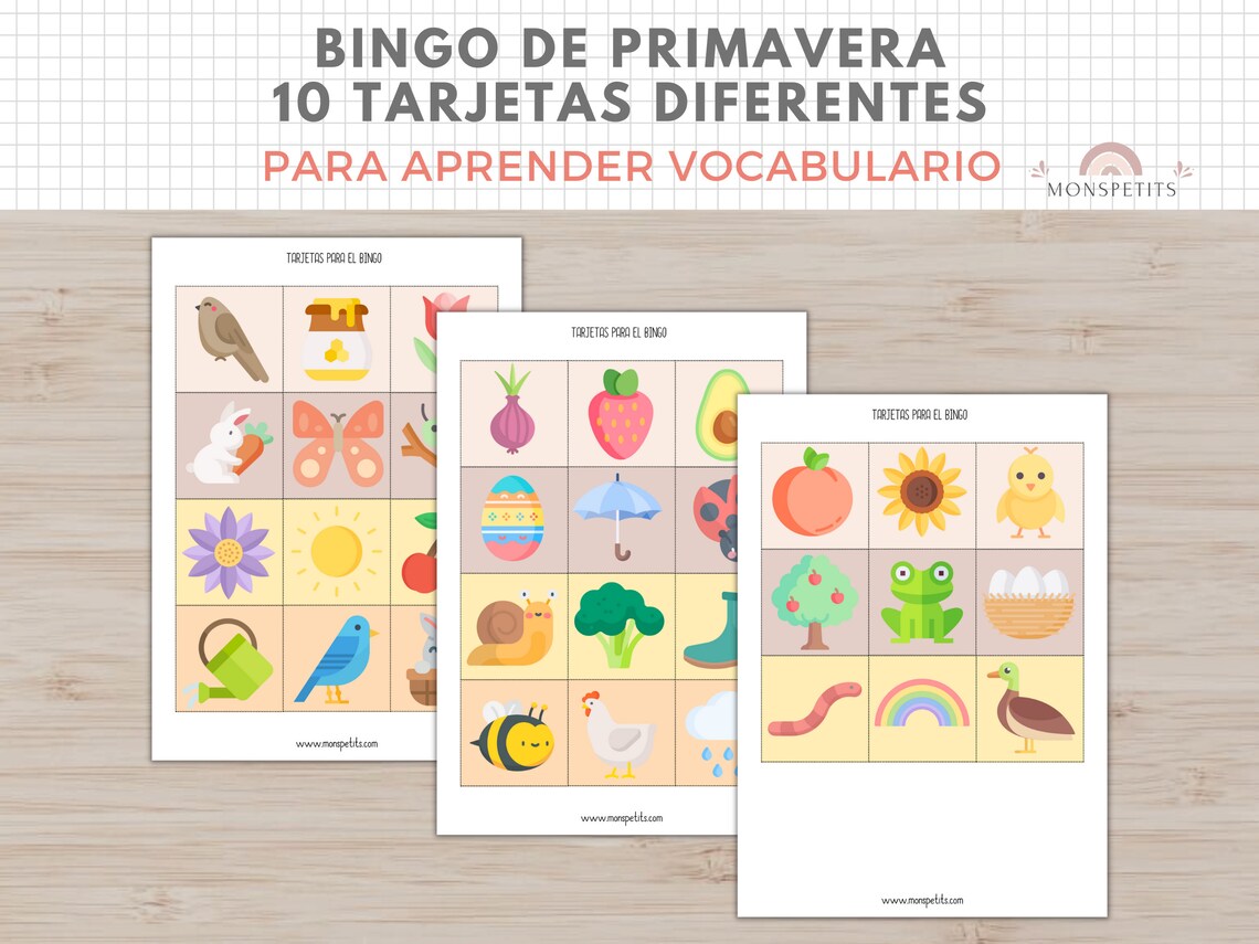 Bingo Temática Primavera, Juego, Vocabulario Niños, Imprimible, Español ...