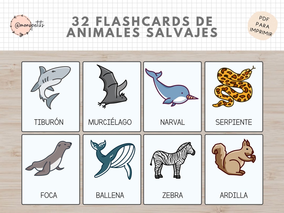 32 Flashcards Animales De Salvajes Castellano / Español - Vocabulario ...