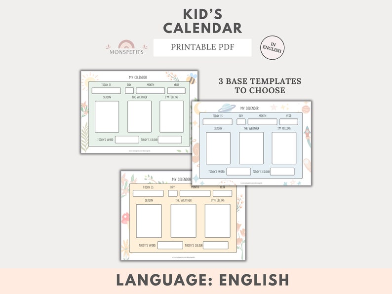 Printable Kids' Calendar, Seasons, Weather, Emotions, Morning Routines ...