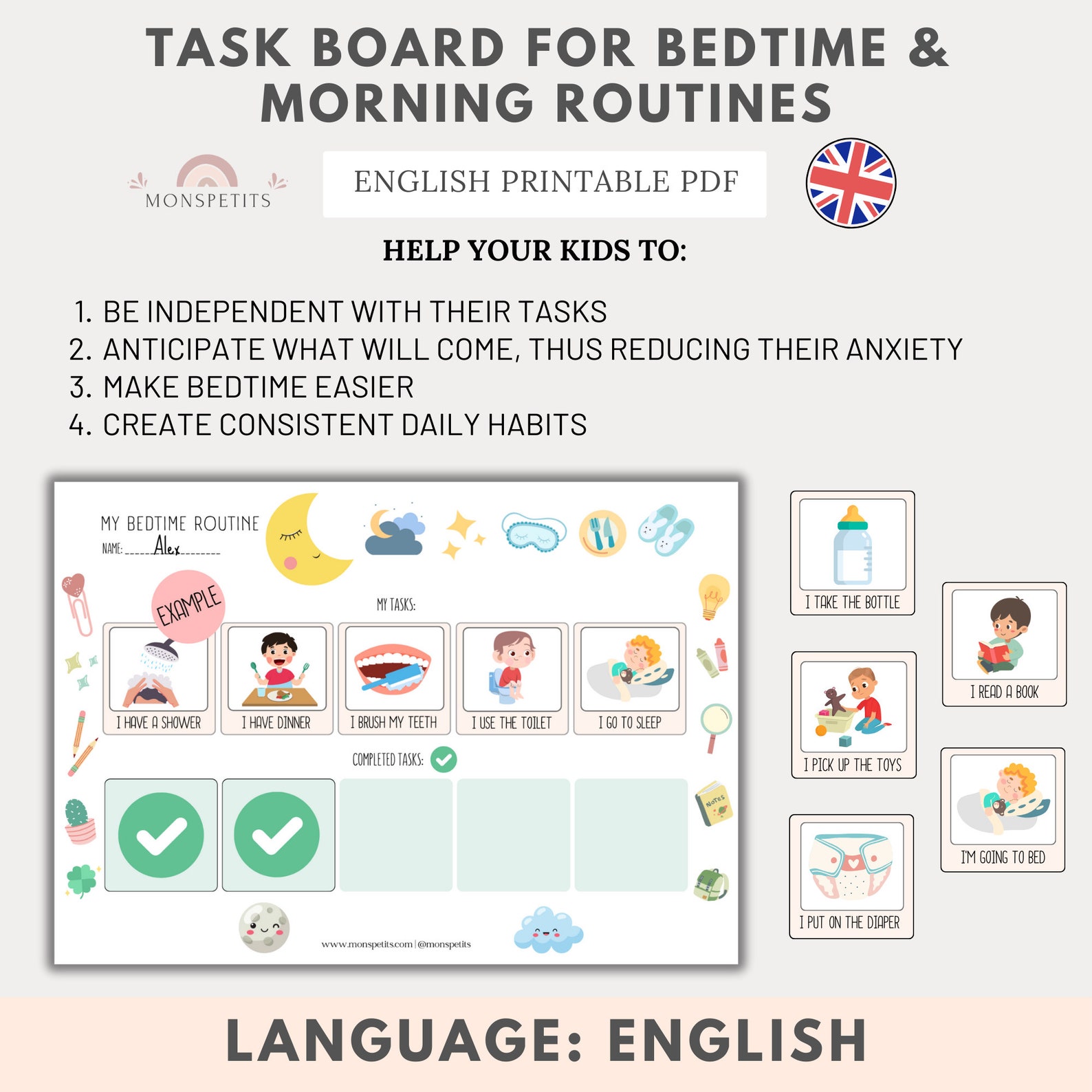 Task Board for Bedtime & Morning Routines, Chore Chart, Printable ...