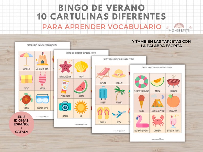 Bingo Temática Verano, Juego, Vocabulario Niños, Imprimible, Español ...