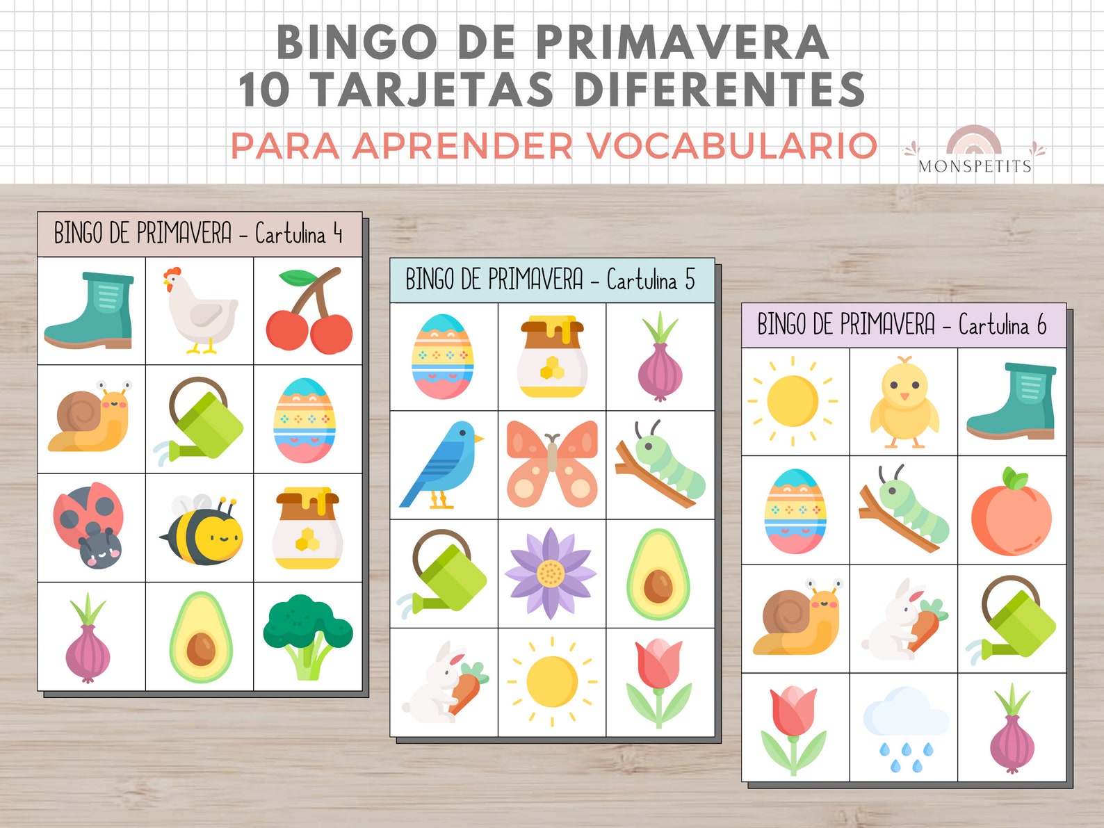 Bingo Temática Primavera, Juego, Vocabulario Niños, Imprimible, Español ...