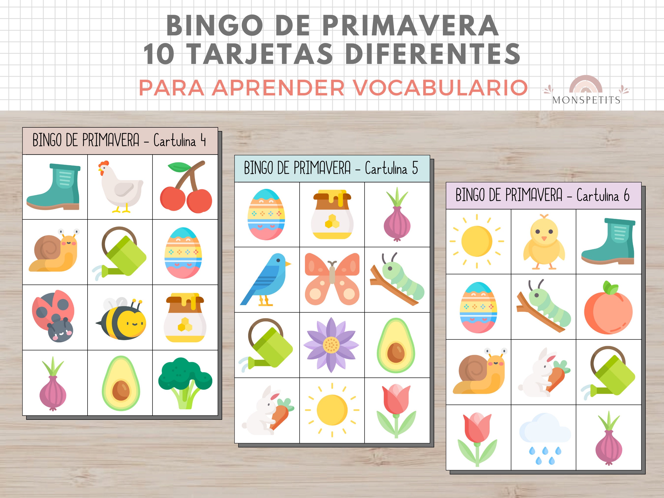 Bingo Temática Primavera, Juego, Vocabulario Niños, Imprimible, Español ...