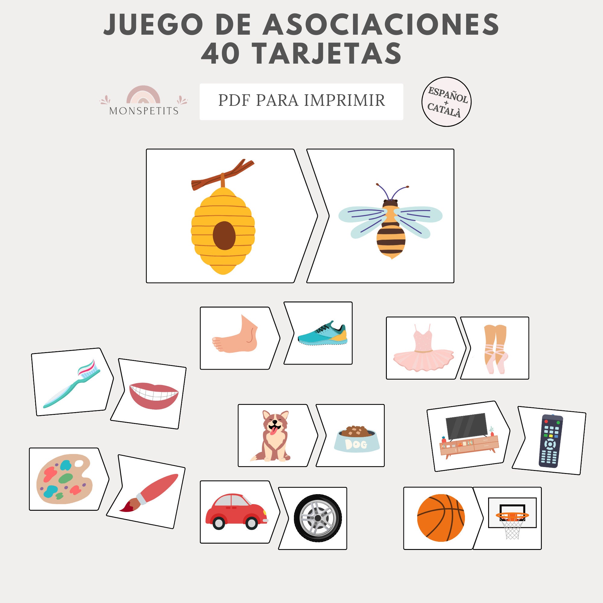 Juego Asociaciones, 40 Tarjetas, Imprimible, Aprender Vocabulario ...