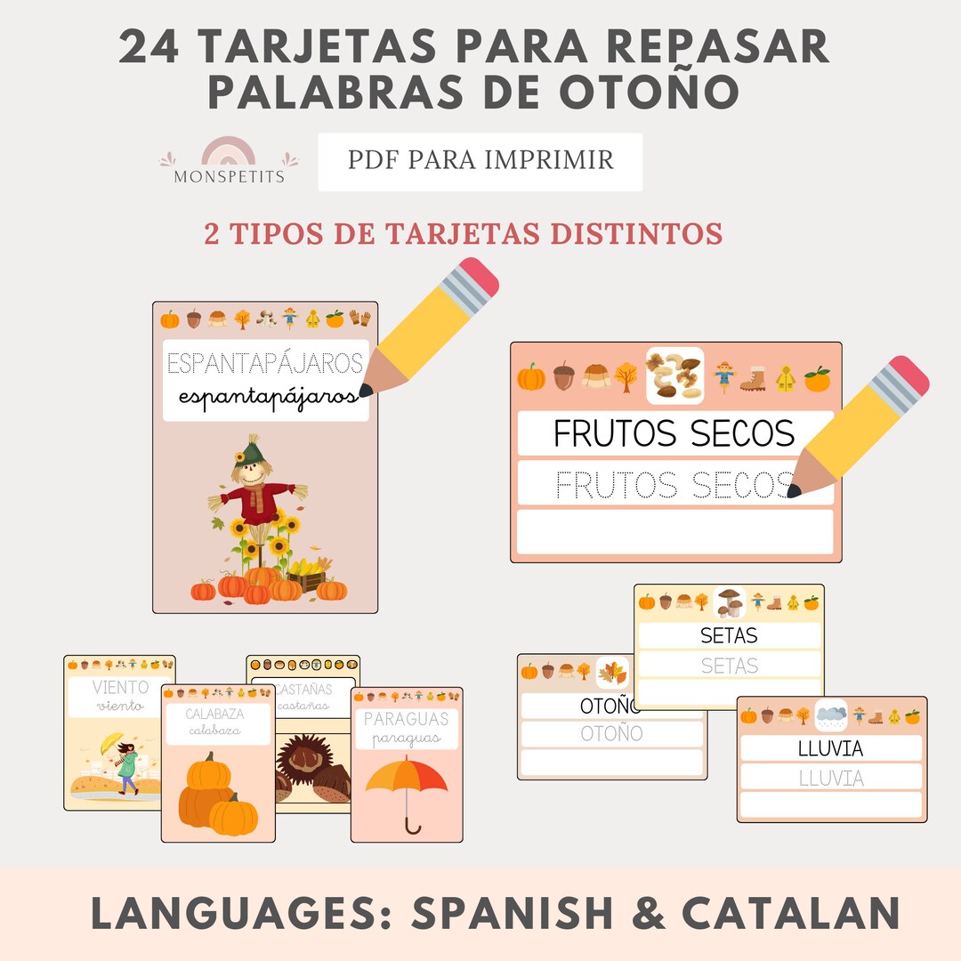 24 Tarjetas Repasar Vocabulario Otoño, Recurso Educativo Imprimible ...