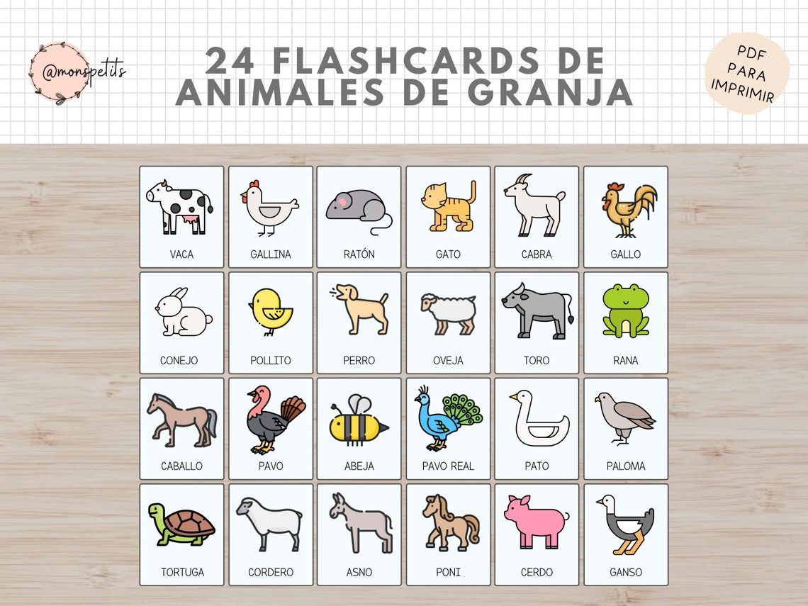 24 Flashcards Animales De Granja Castellano / Español Vocabulario ...