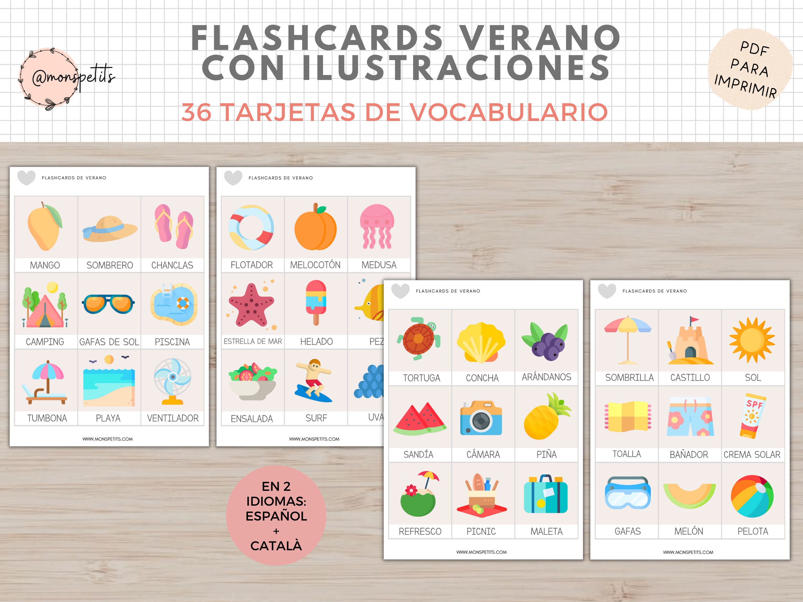 36 Flashcards Vocabulario Verano, Dibujos, Imprimible Niños Español I ...